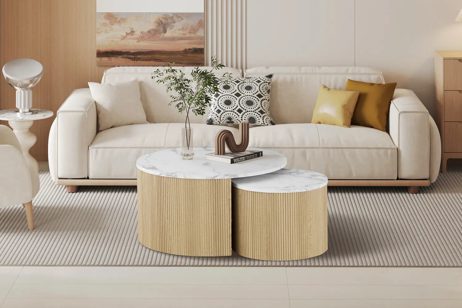 Table Basse Gigogne Ronde Effet Marbre Beige | ROWANE | Tikoya.fr